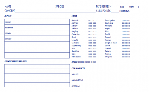 Bulldogs! Fate based Sci-Fi character sheet for 5×8 cards | Eric Holsinger